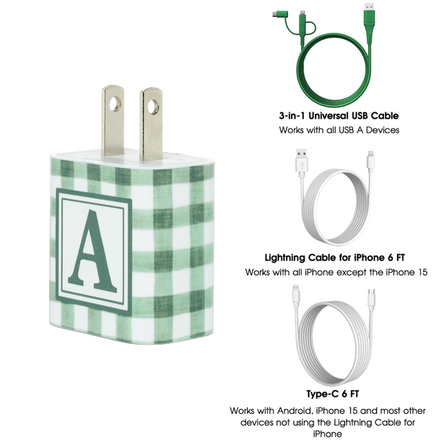 Green Gingham Phone Charger Letter Set - Classy Chargers