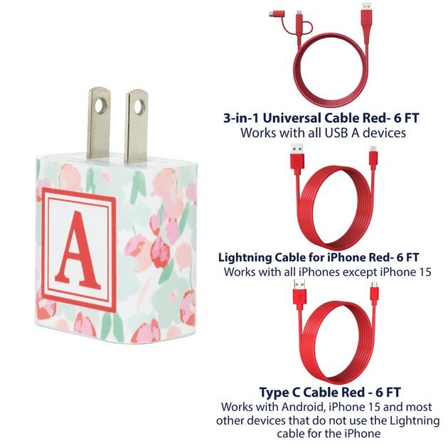Coral Floral Phone Charger Letter Set - Classy Chargers