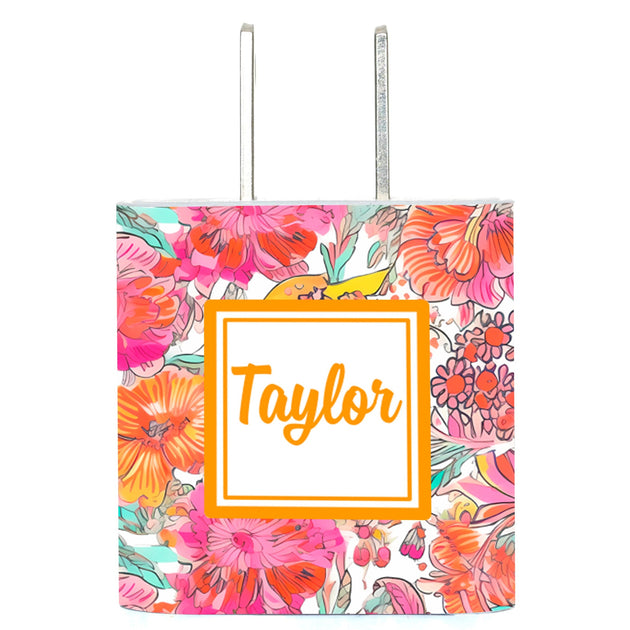 Monogram Coral Floral Swirl Phone Charger - Classy Chargers