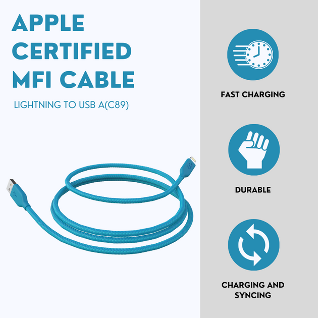 Lightning Cable Blue MFI Certified 6 FT - Classy Chargers