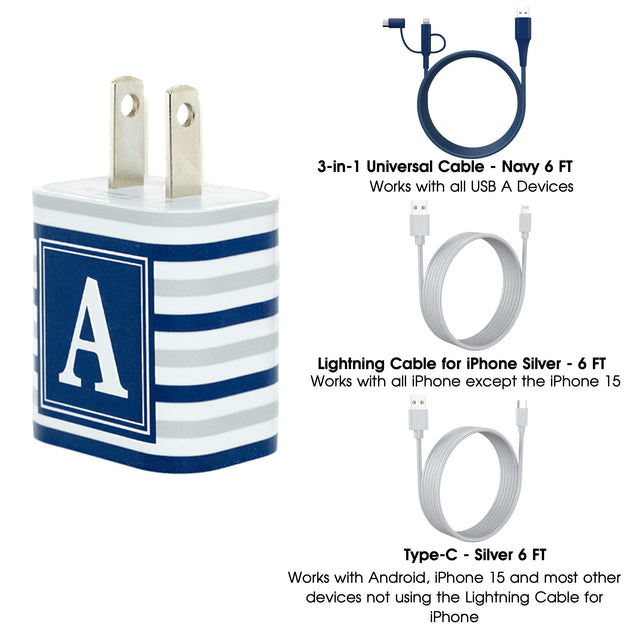 Navy Silver Stripe Phone Charger Letter Set - Classy Chargers
