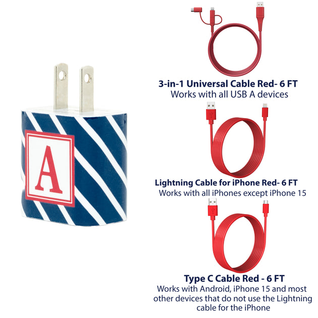 Navy Slanted Stripe Phone Charger Letter Set - Classy Chargers