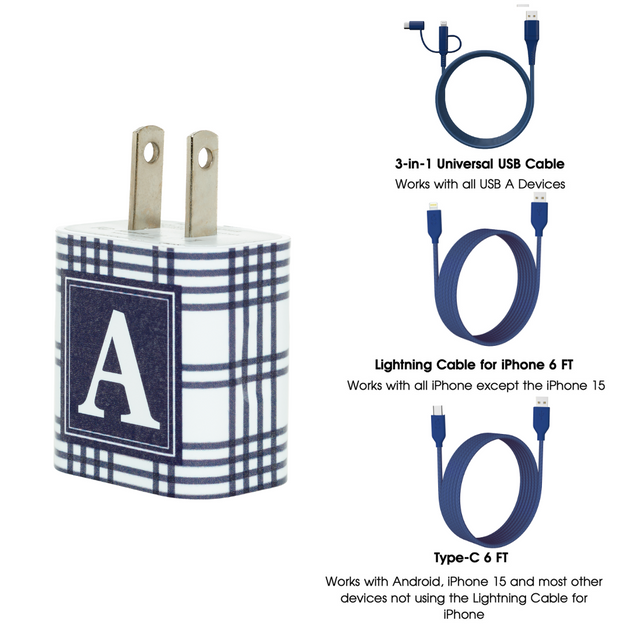 Navy Plaid Phone Charger Letter Set - Classy Chargers