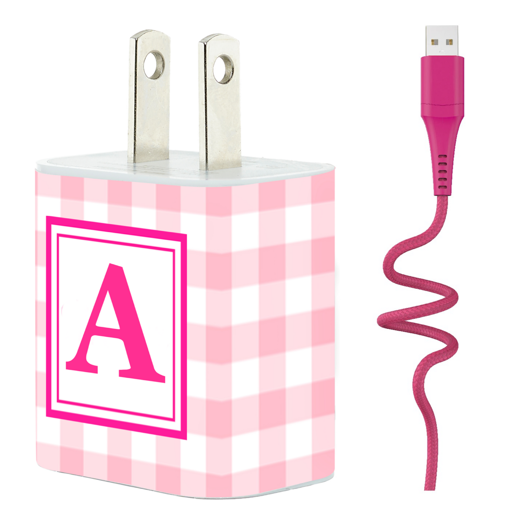 Pink Gingham Phone Charger Letter Set - Classy Chargers
