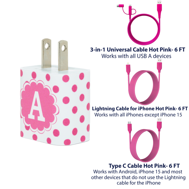 Pink Polka Dot Phone Charger Letter Set Classy Chargers