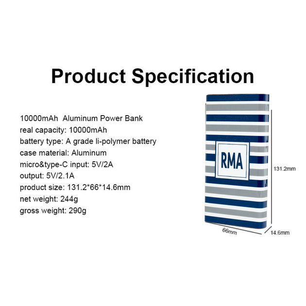 Monogram Navy Silver Stripe Power Bank - Classy Chargers