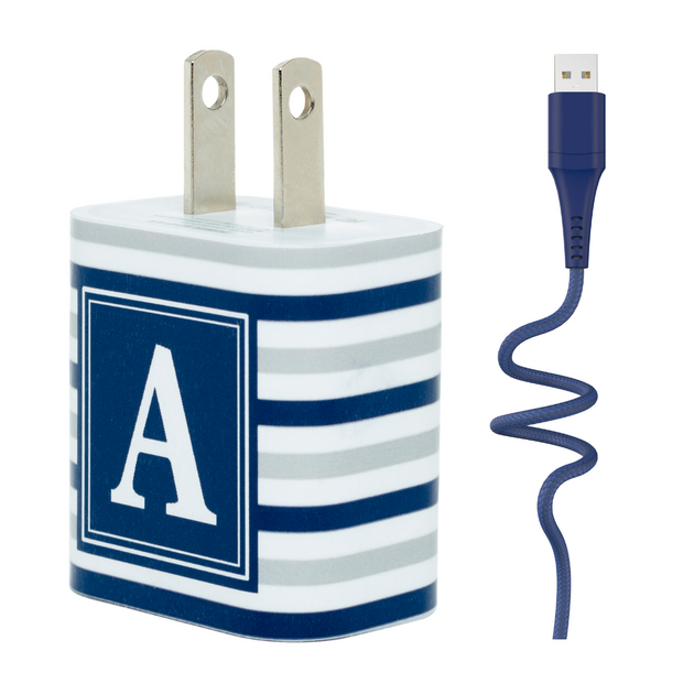 Navy Silver Stripe Phone Charger Letter Set - Classy Chargers