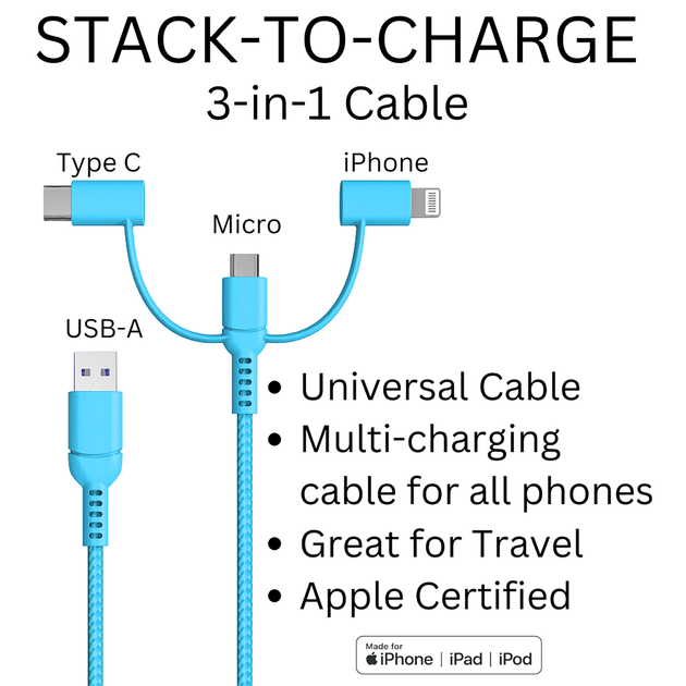 Stack-in-Charger 3 in 1 USB Hot Pink Cable -Classy Chargers