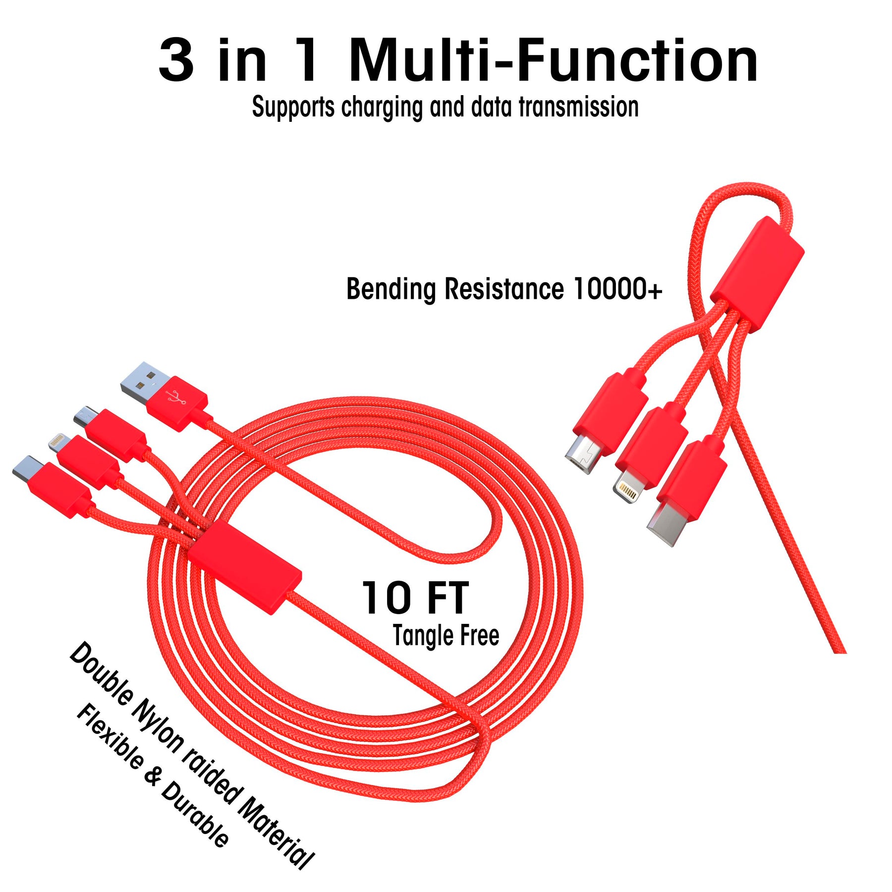 Shop 10 FT Red 3-in-1 USB Cable Online| Classy Chargers