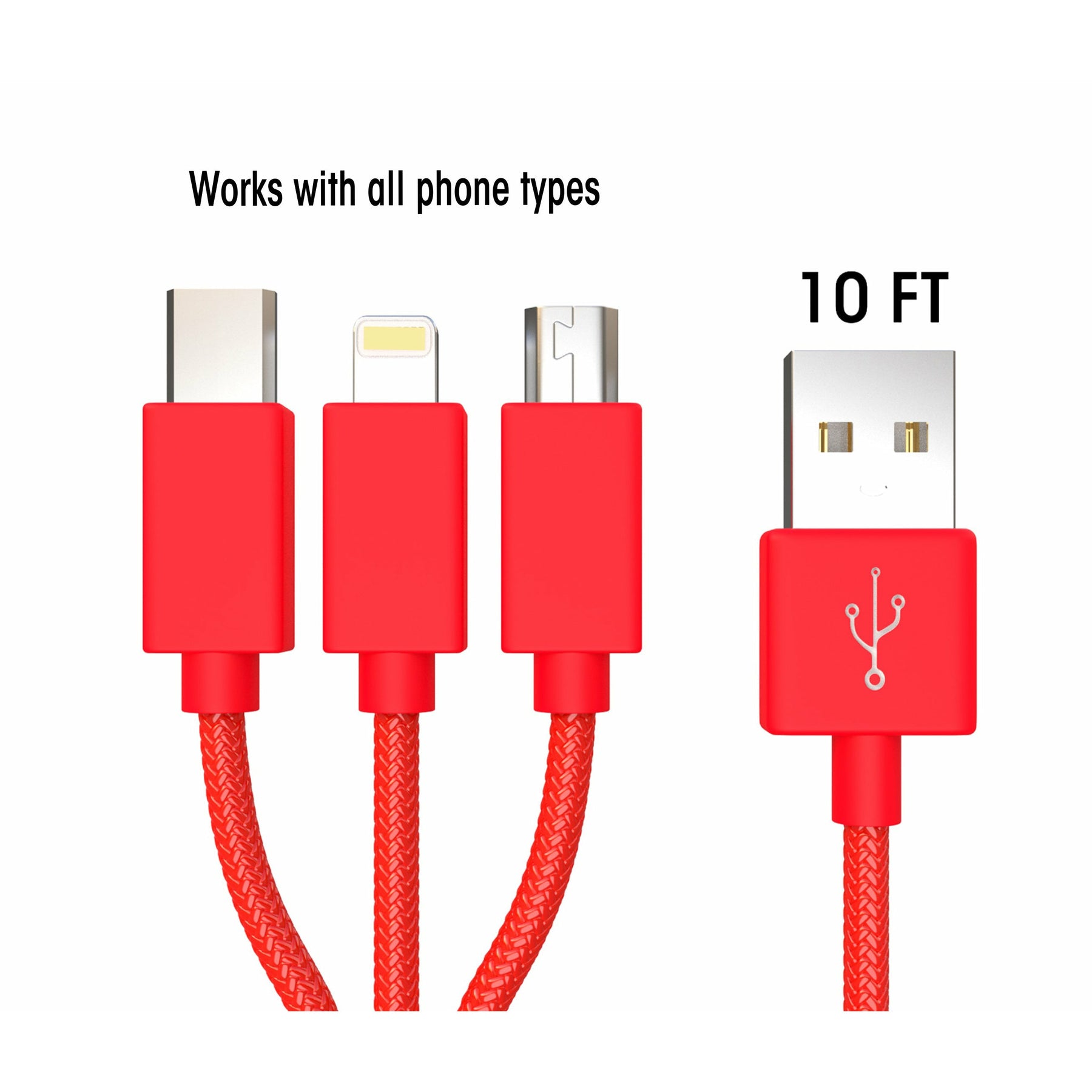 Shop 10 FT Red 3-in-1 USB Cable Online| Classy Chargers