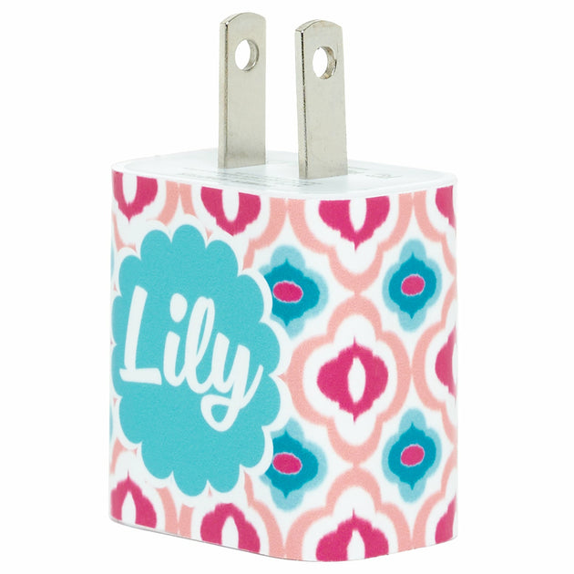 Monogram Pink Blue Quatrefoil Phone Charger - Classy Chargers
