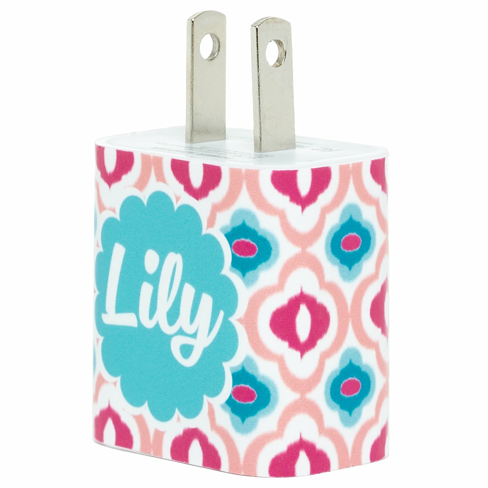 Monogram Pink Blue Quatrefoil Phone Charger - Classy Chargers