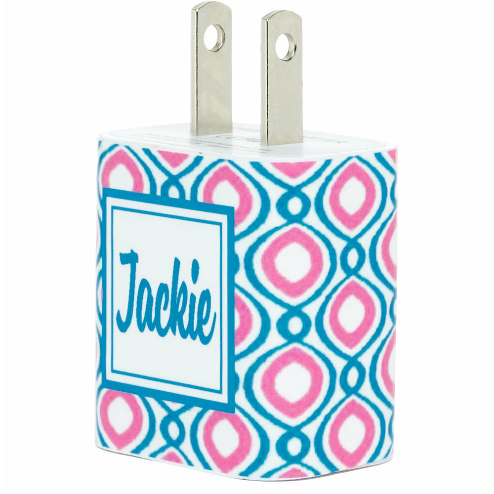 Monogram Pink Blue Quatrefoil Phone Charger - Classy Chargers