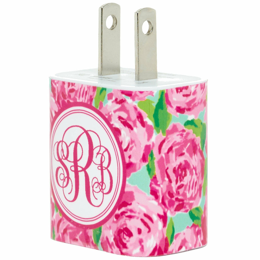 Monogram Pink Blue Quatrefoil Phone Charger - Classy Chargers